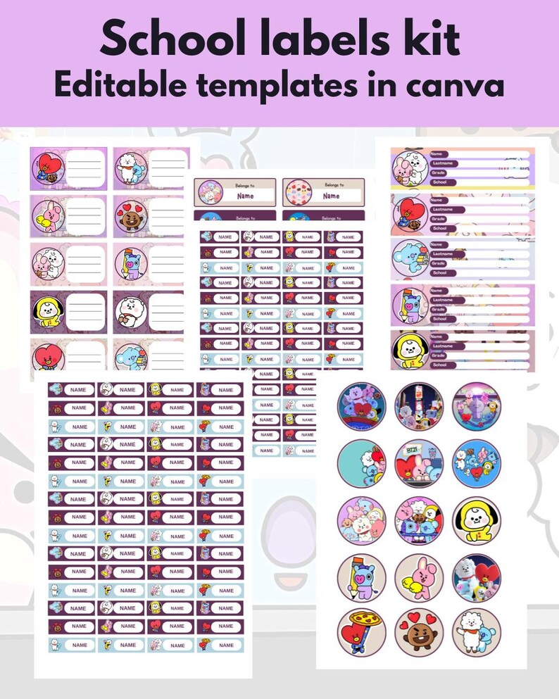 BT21 Labels School, Edit and Print, Templates Canva, Digital Product ...