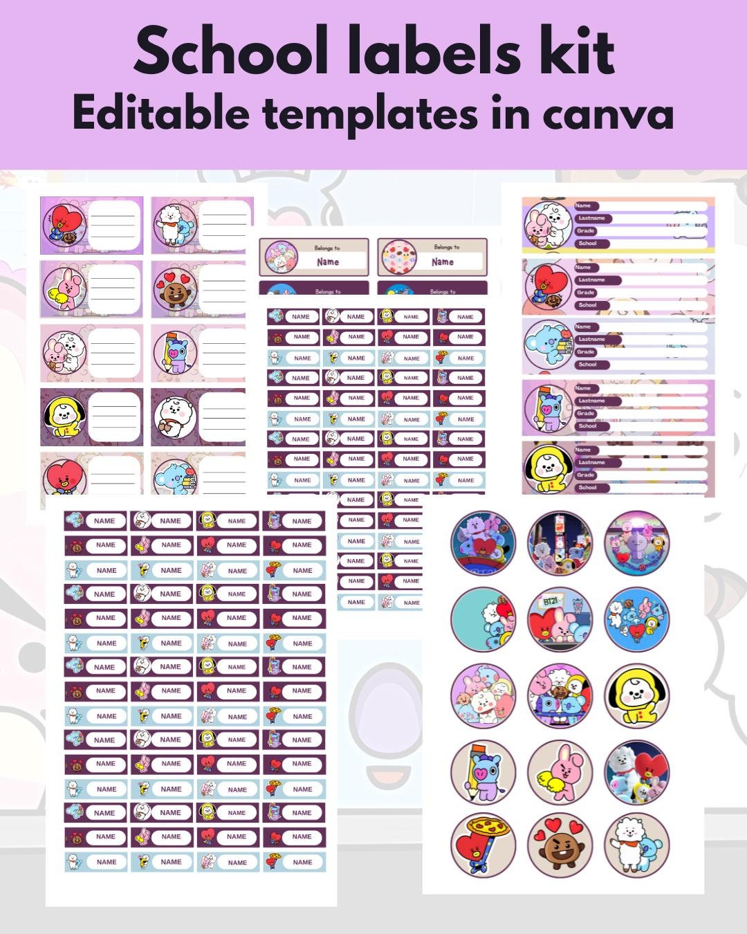 BT21 Labels School, Edit and Print, Templates Canva, Digital Product ...