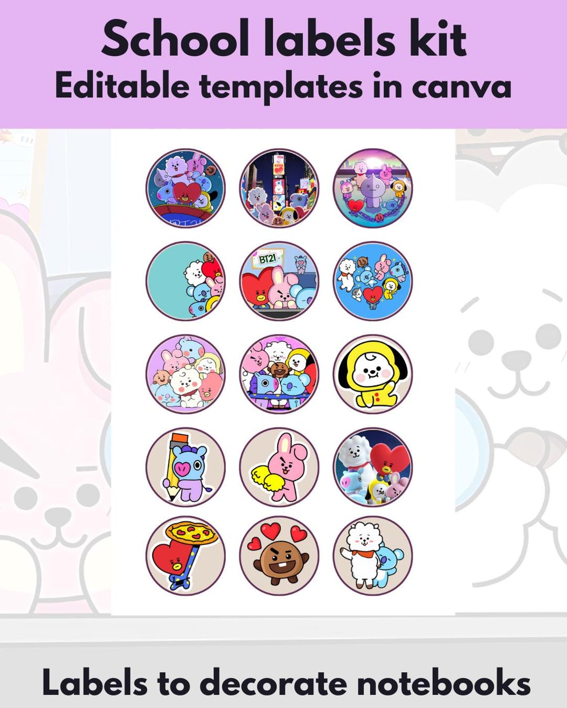 BT21 Labels School, Edit and Print, Templates Canva, Digital Product ...