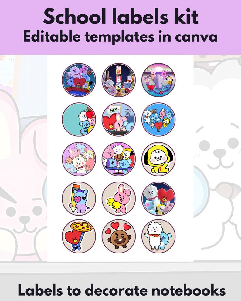BT21 Labels School, Edit and Print, Templates Canva, Digital Product ...