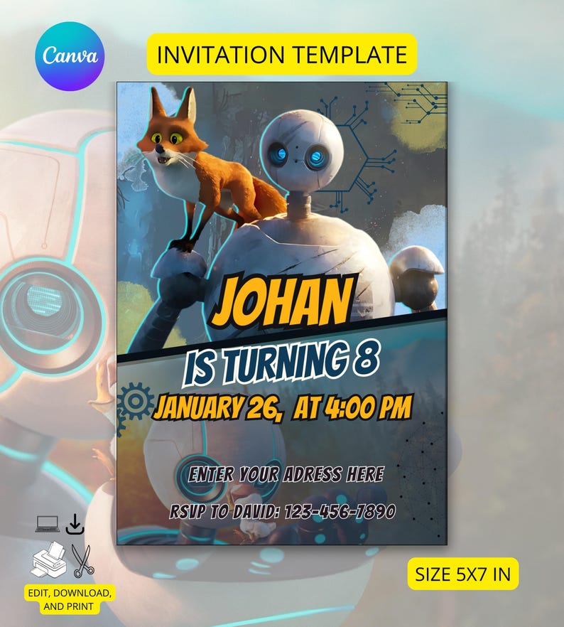 Editable Birthday Invitation in Canva, Wild Robot Theme, Printable ...