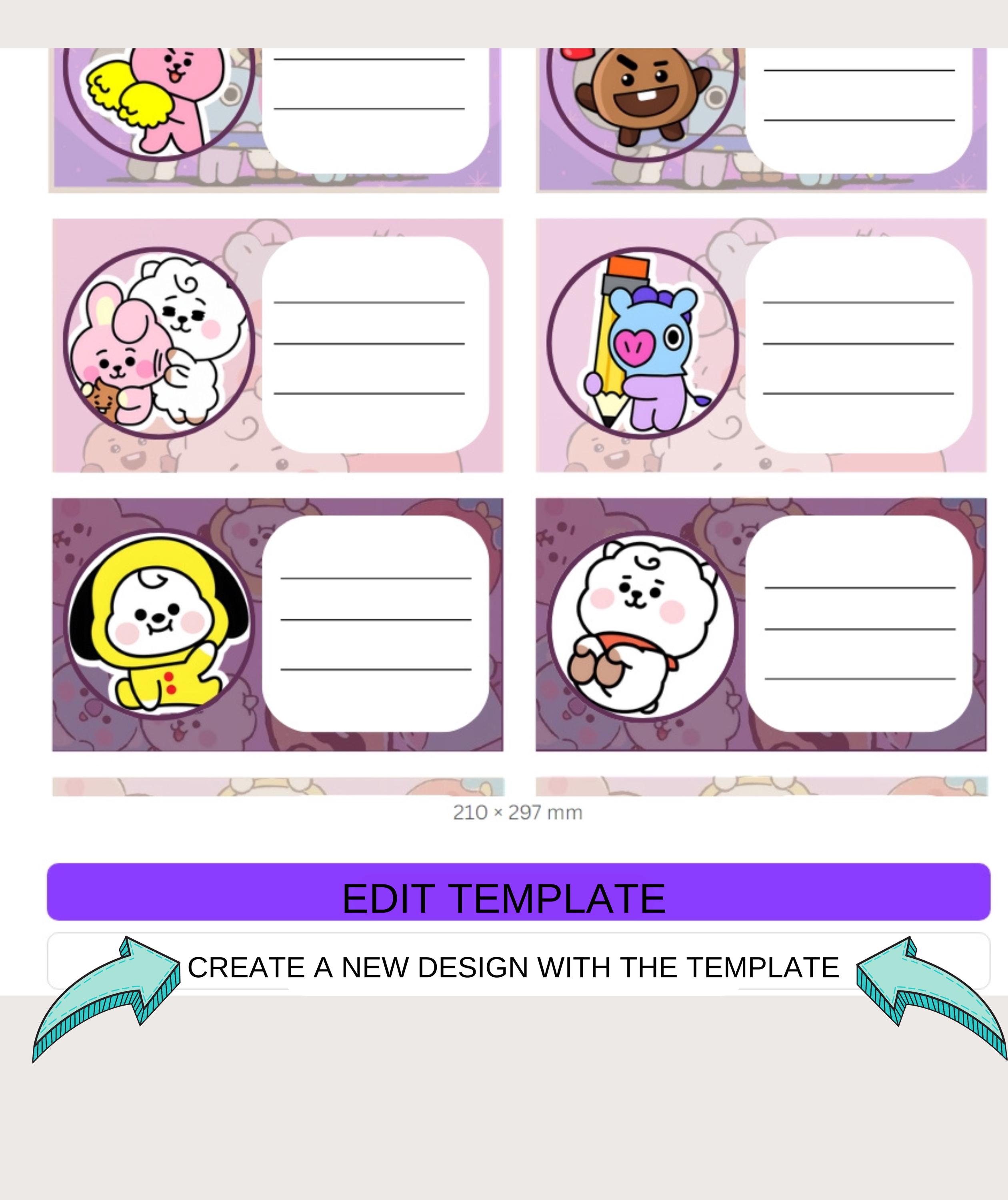 BT21 Labels School, Edit and Print, Templates Canva, Digital Product ...