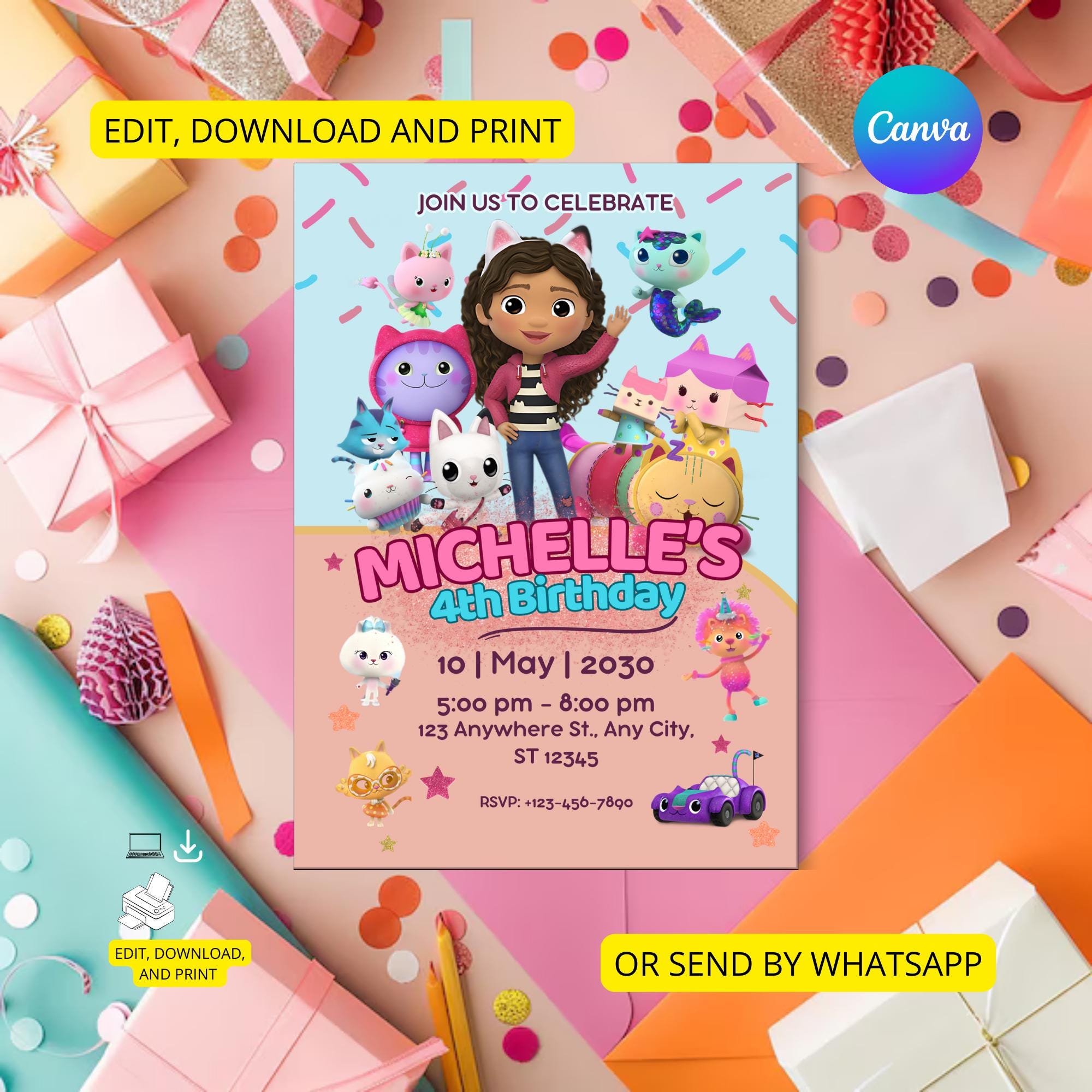 Gaby Dollhouse Invitation, Gaby Dollhouse Themed Party, Canva Template ...