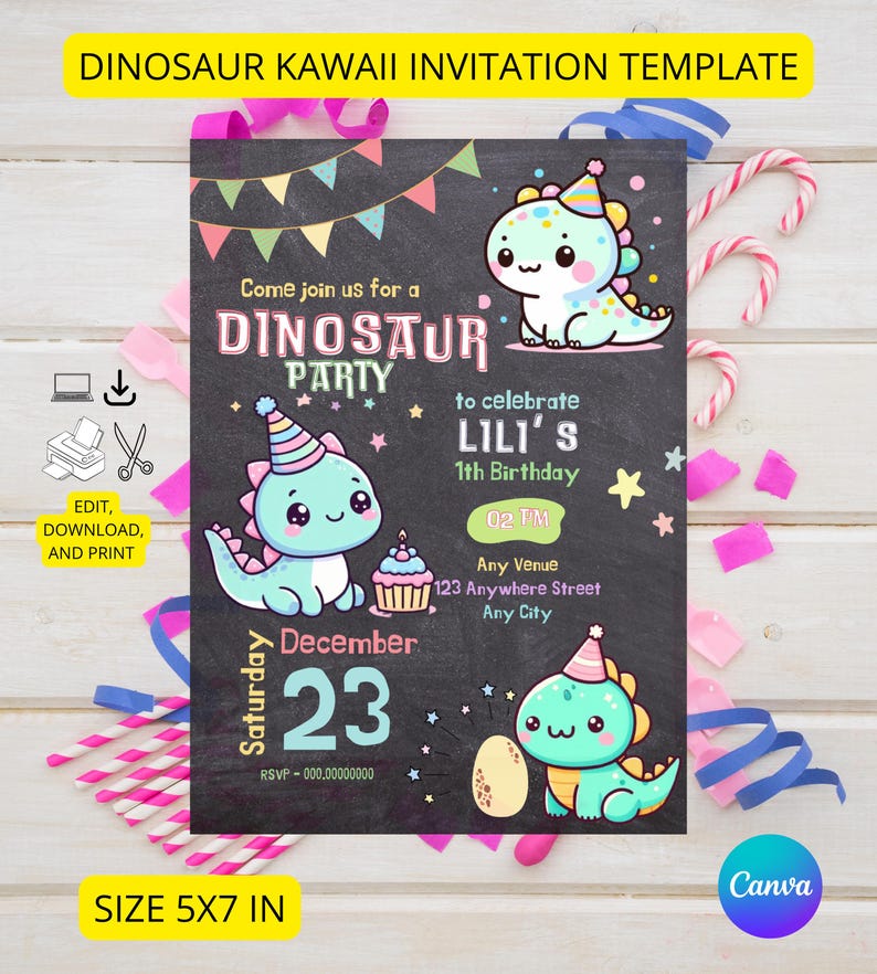 Dinosaur Birthday Invitation, Editable Template, First Birthday ...