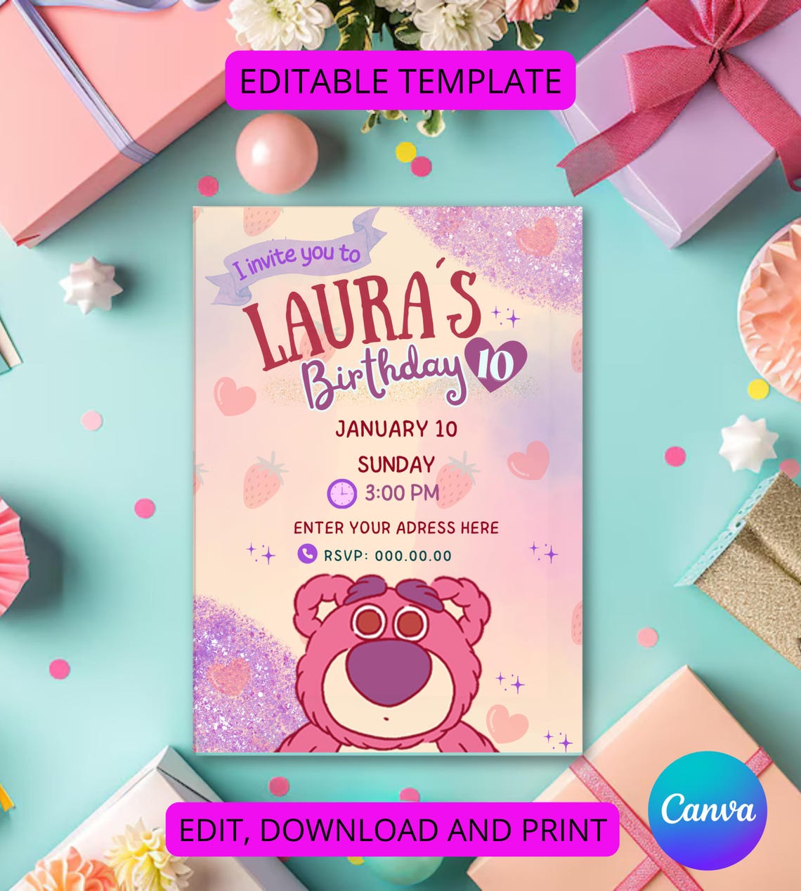 Lotso Bear Invitation, Editable Template, Canva, Lotso Party, Toy Story ...