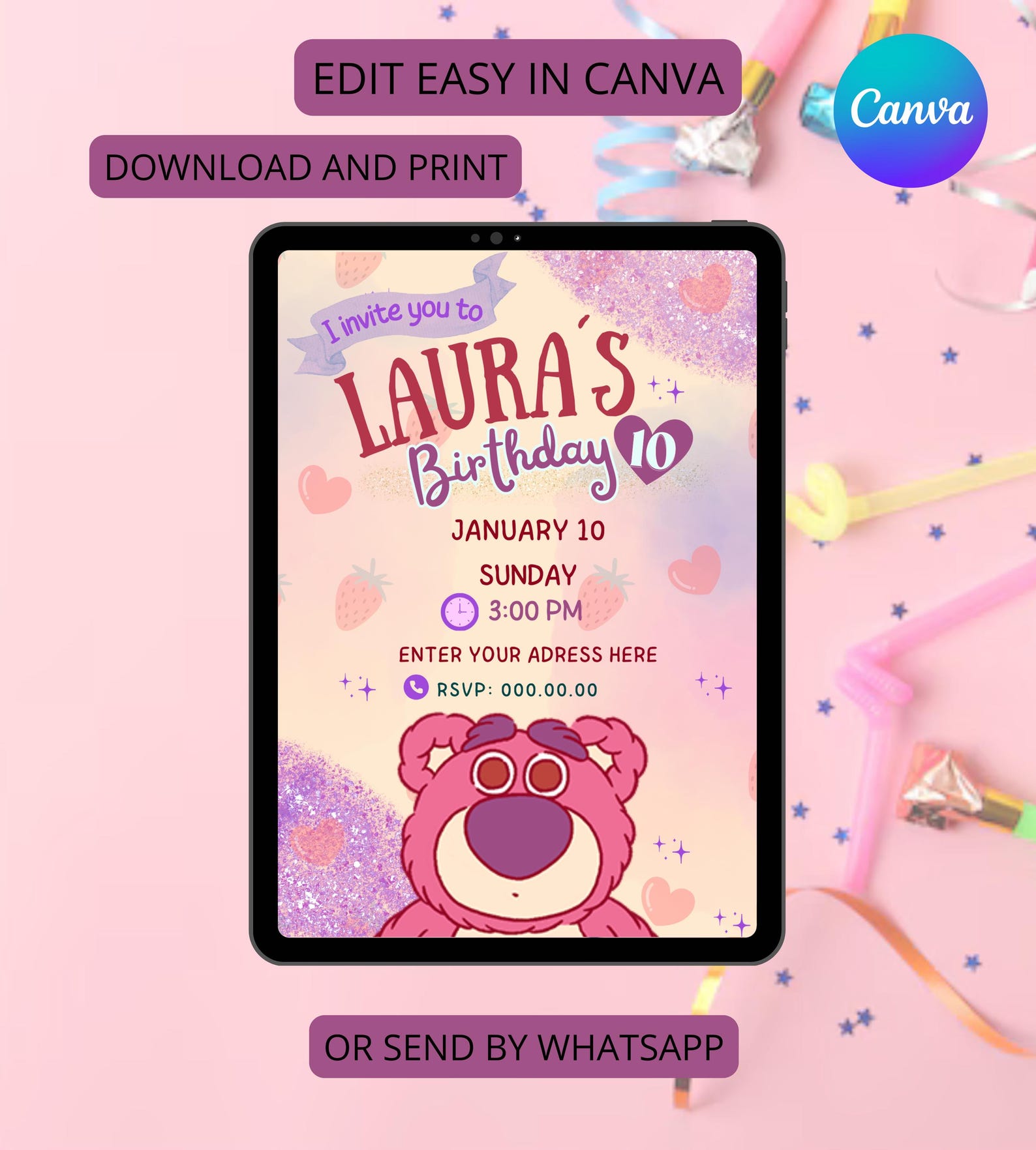 Lotso Bear Invitation, Editable Template, Canva, Lotso Party, Toy Story ...
