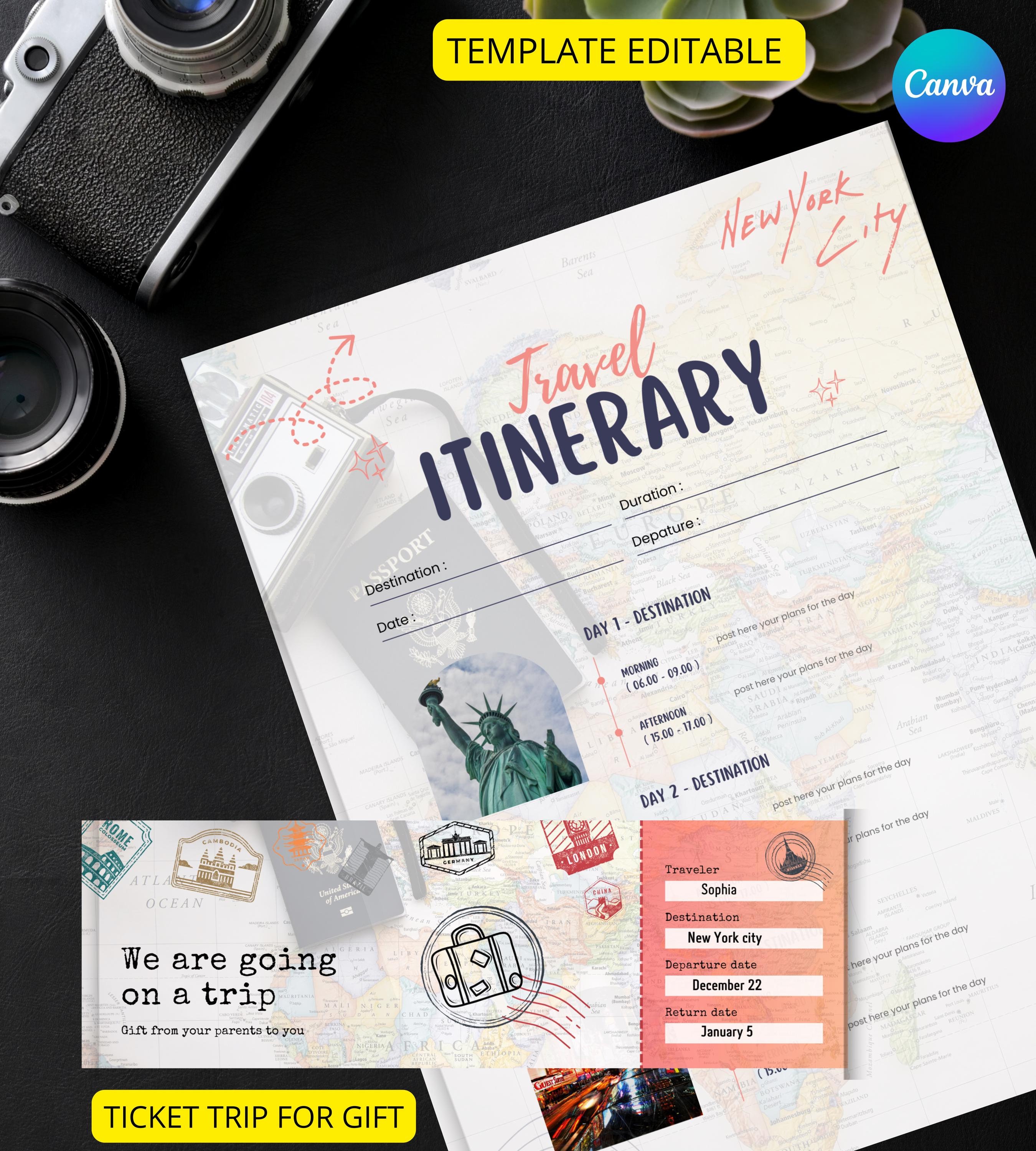 Editable Travel Gift Ticket Template + Travel Itinerary in Canva ...