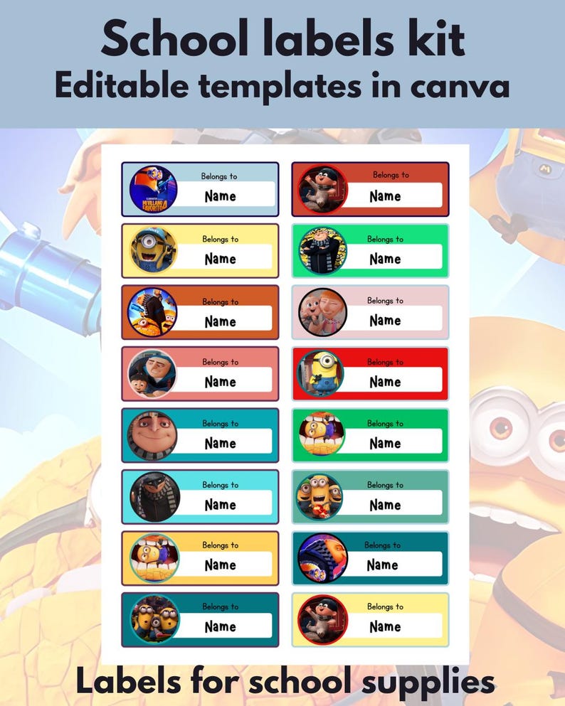 Despicable, Kids Labels, Minions Labels, School Labels, Canva ...
