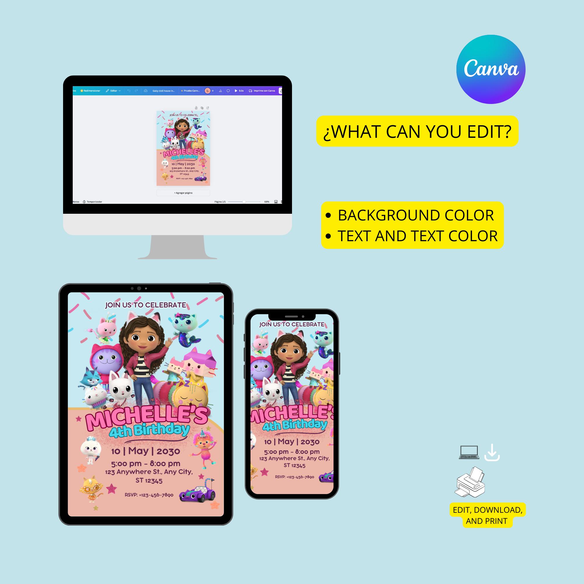 Gaby Dollhouse Invitation, Gaby Dollhouse Themed Party, Canva Template ...