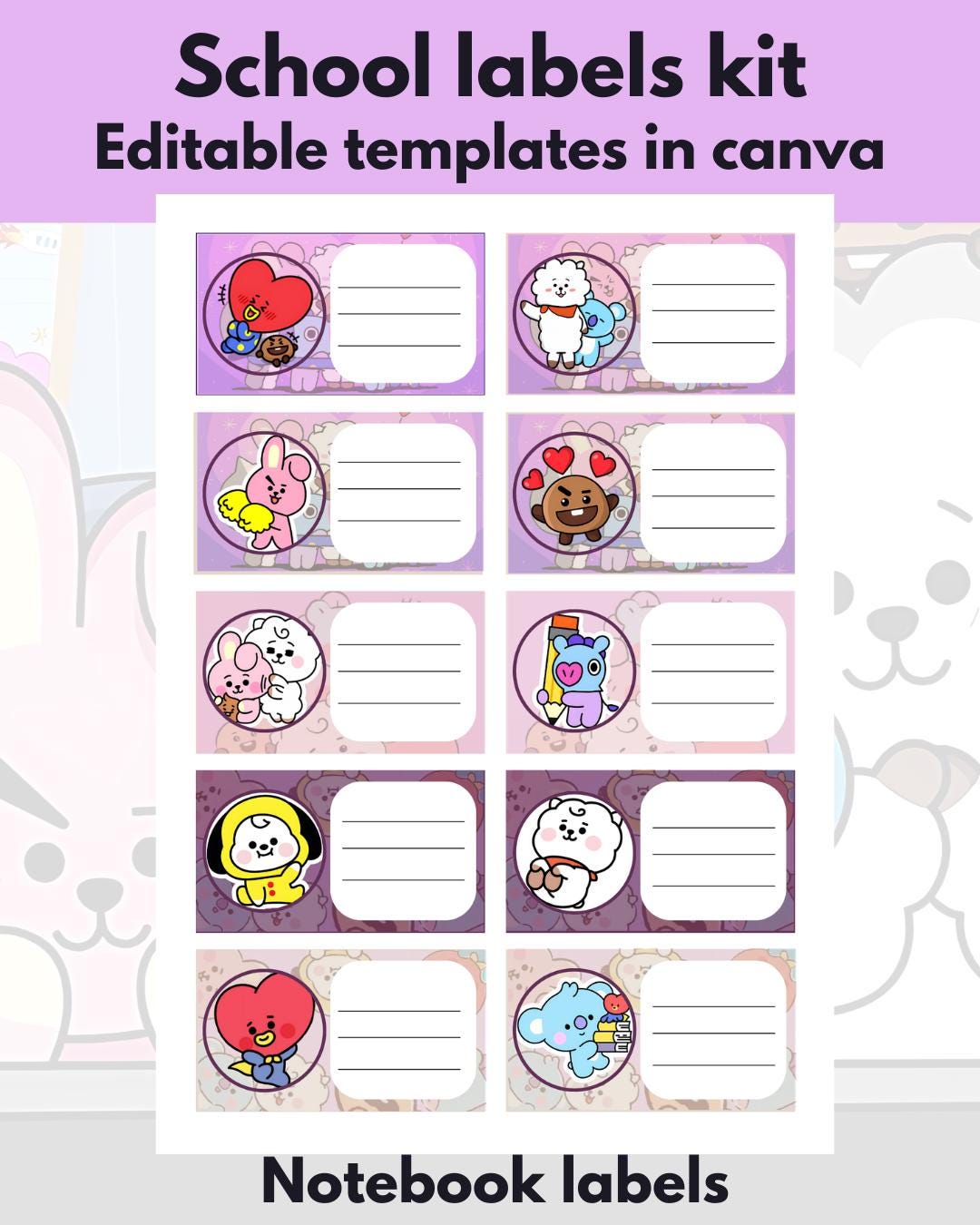 BT21 Labels School, Edit and Print, Templates Canva, Digital Product ...