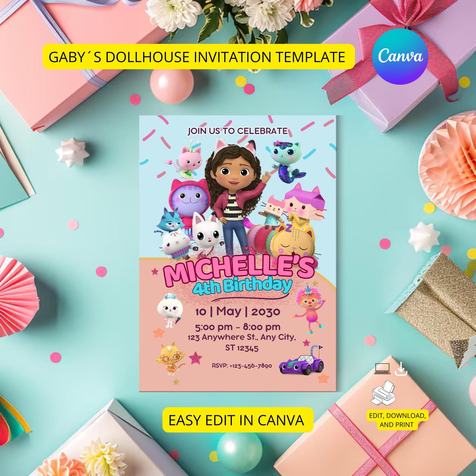 Gaby Dollhouse Invitation, Gaby Dollhouse Themed Party, Canva Template ...