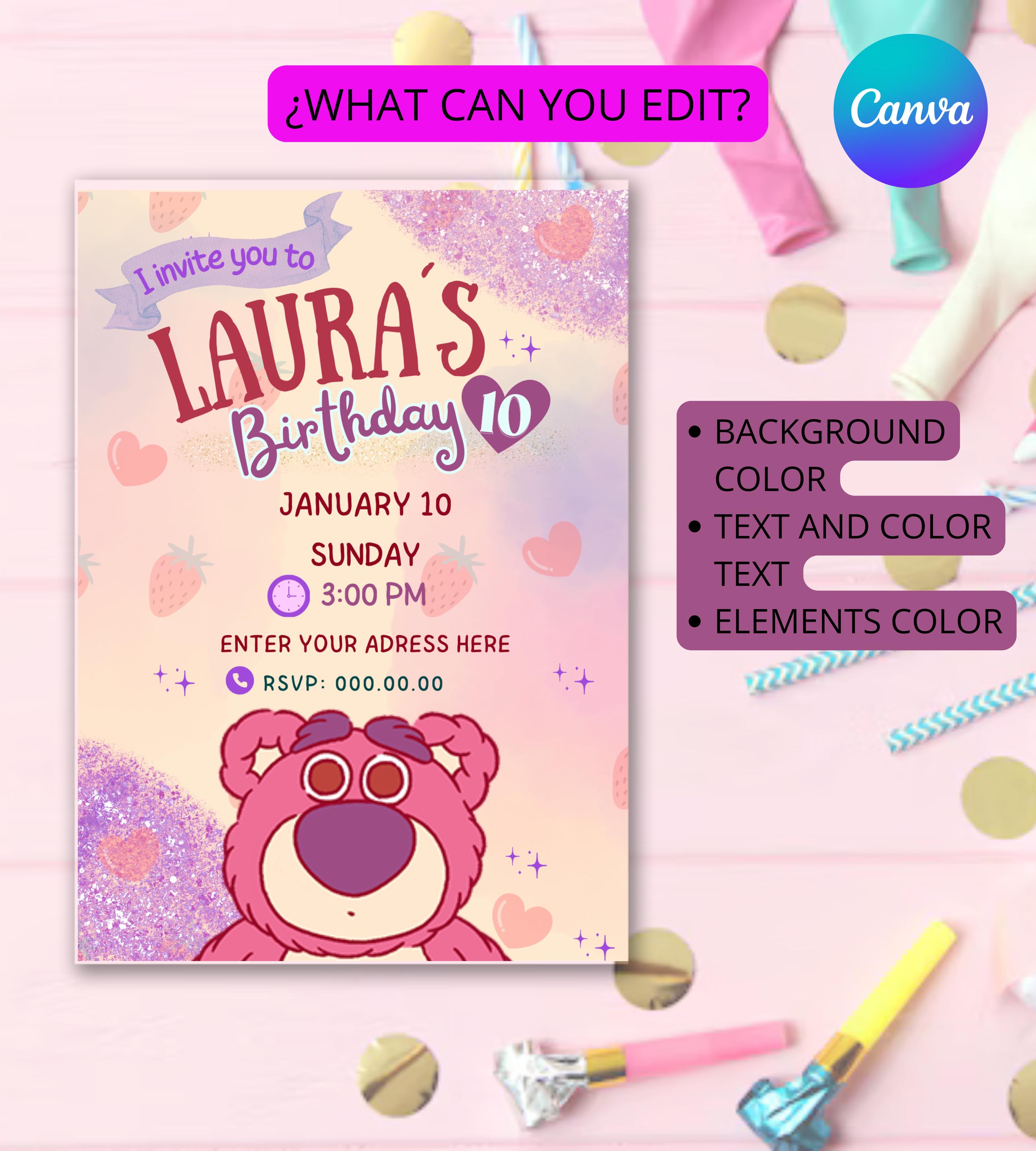 Lotso Bear Invitation, Editable Template, Canva, Lotso Party, Toy Story, Lotso Birthday Card ...