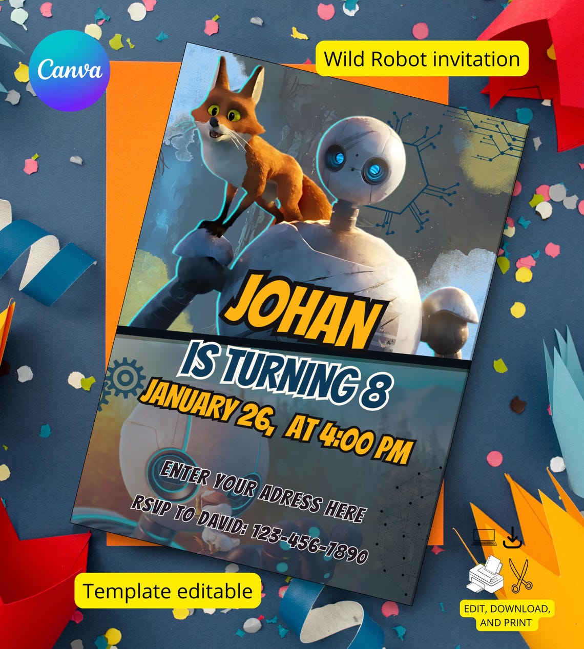Editable Birthday Invitation in Canva, Wild Robot Theme, Printable ...