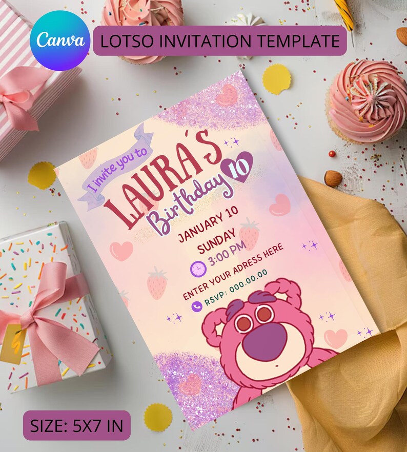 Lotso Bear Invitation, Editable Template, Canva, Lotso Party, Toy Story ...