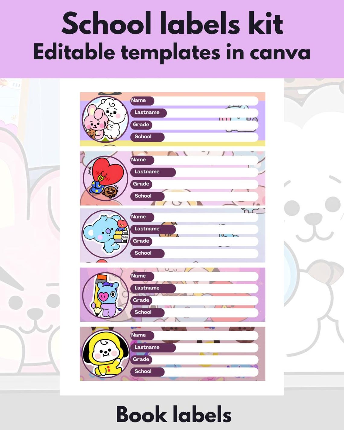BT21 Labels School, Edit and Print, Templates Canva, Digital Product ...