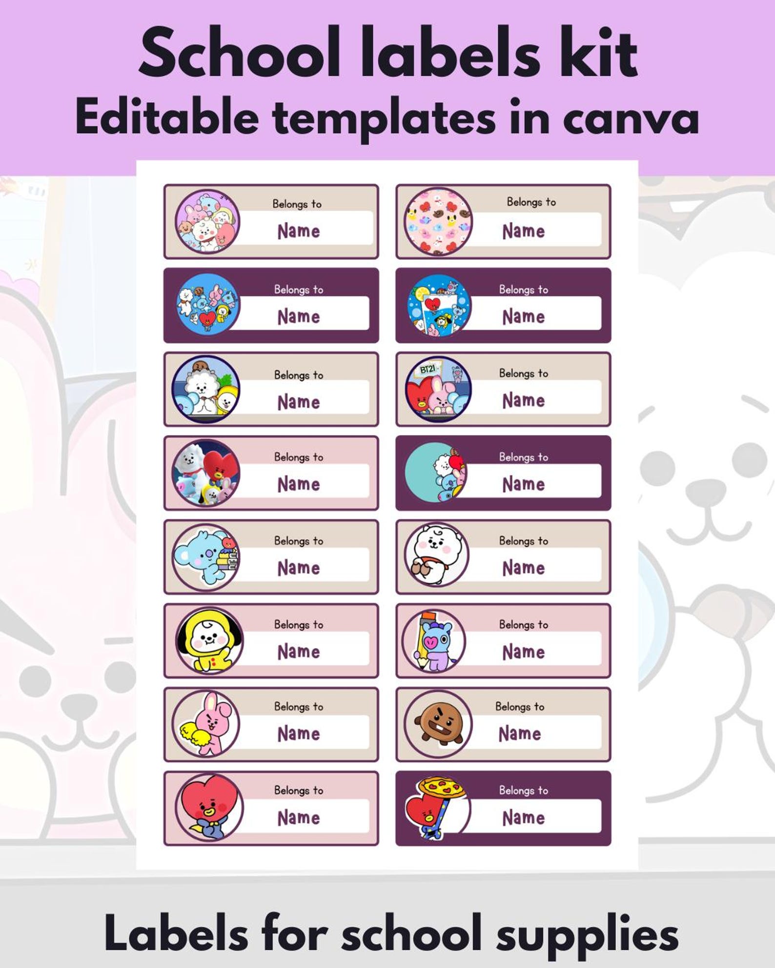 BT21 Labels School, Edit and Print, Templates Canva, Digital Product ...