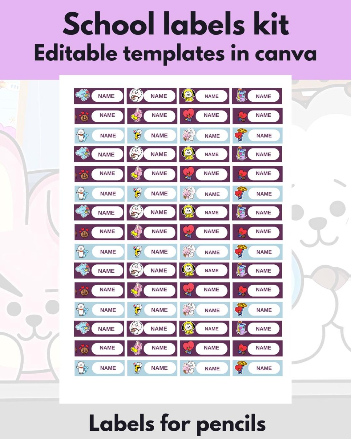 BT21 Labels School, Edit and Print, Templates Canva, Digital Product ...