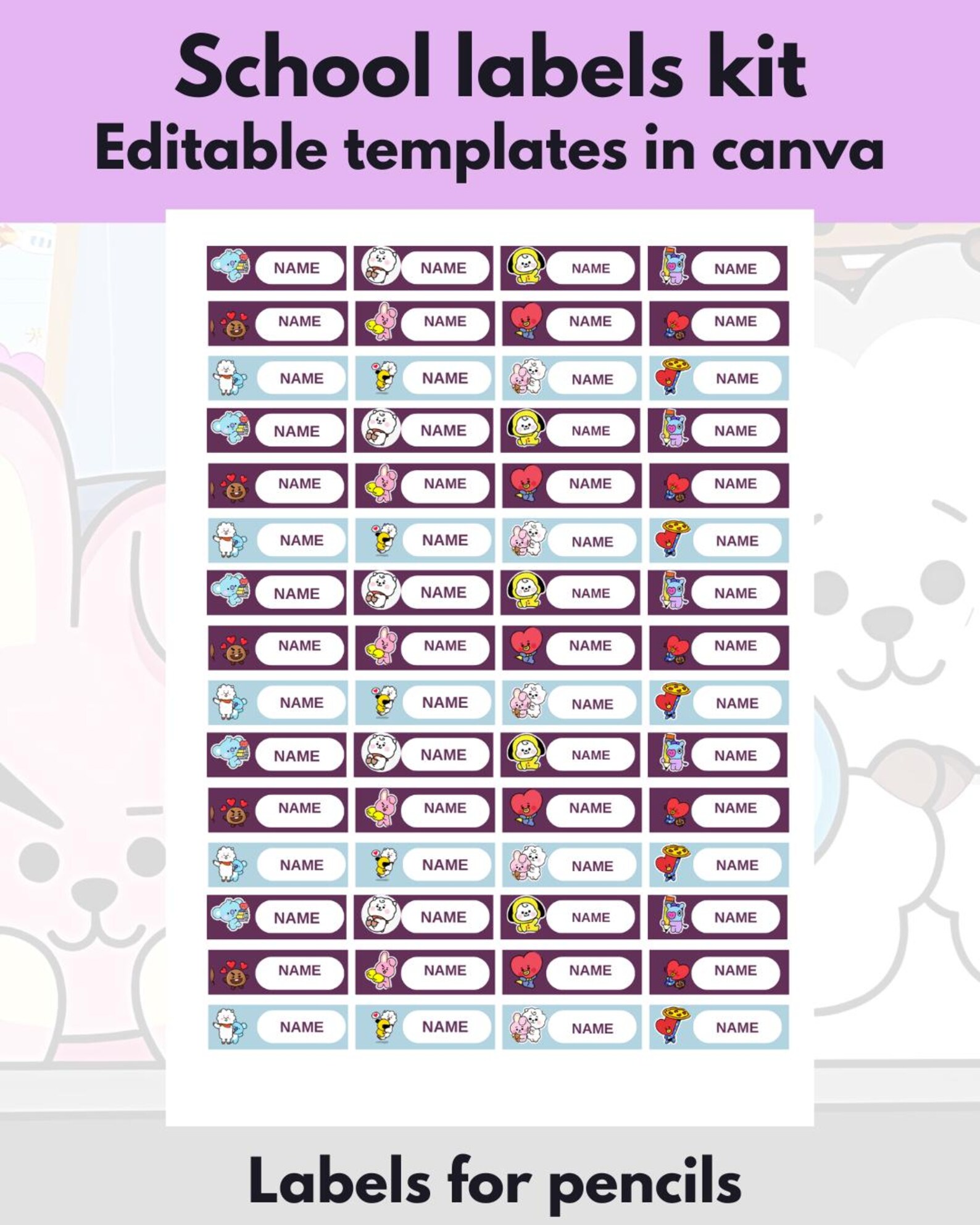 BT21 Labels School, Edit and Print, Templates Canva, Digital Product ...
