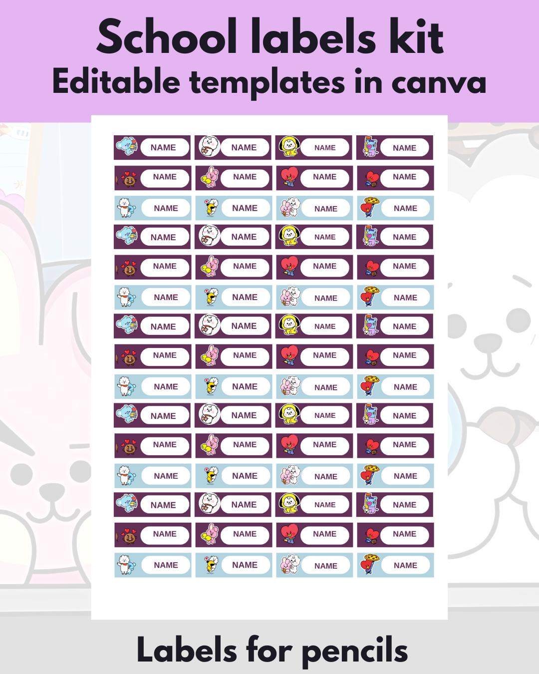 BT21 Labels School, Edit and Print, Templates Canva, Digital Product ...