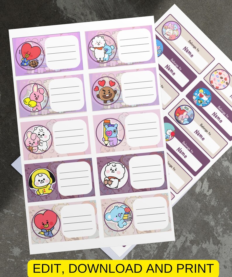 BT21 Labels School, Edit and Print, Templates Canva, Digital Product ...