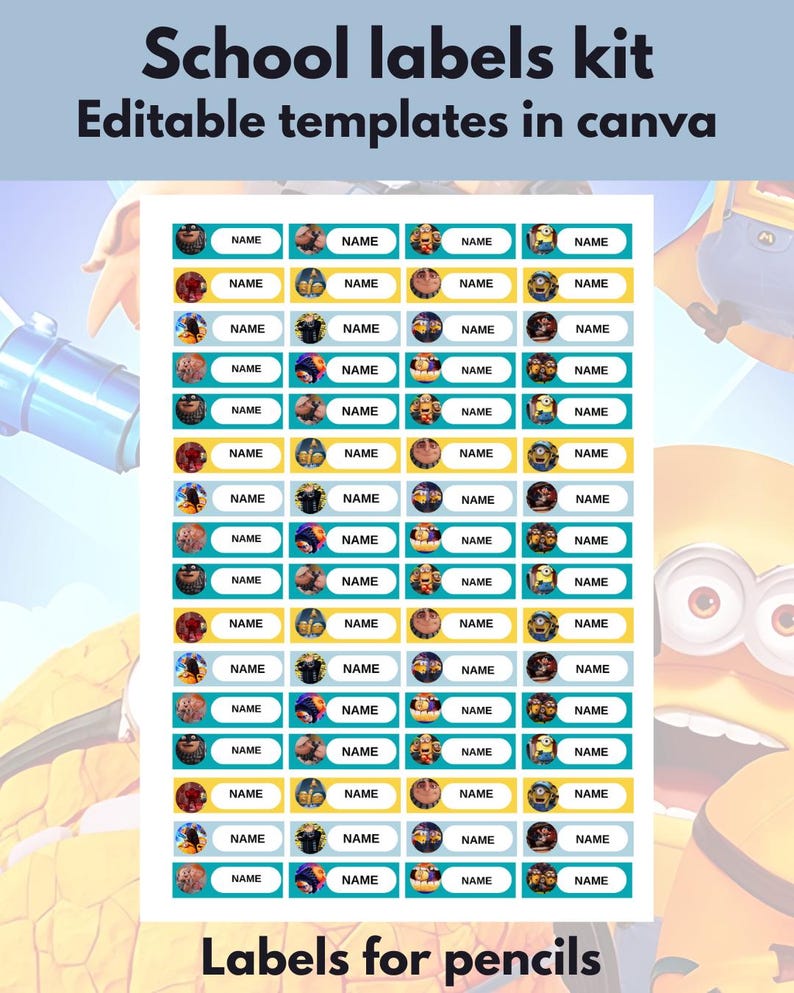 Despicable, Kids Labels, Minions Labels, School Labels, Canva ...