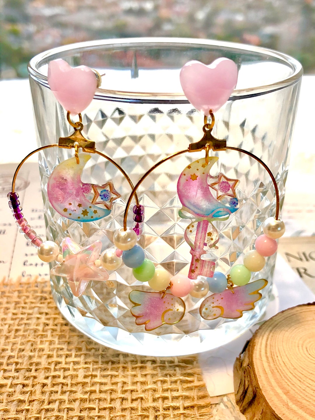 Key & Moon Fairy Tale Pink Heart Pastel Color Beads Hoop Earrings /gift ...
