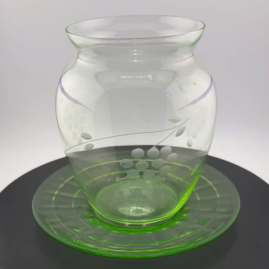 Antique Blown Glass Etched Uranium Vase & Block Optic Green Uranium ...