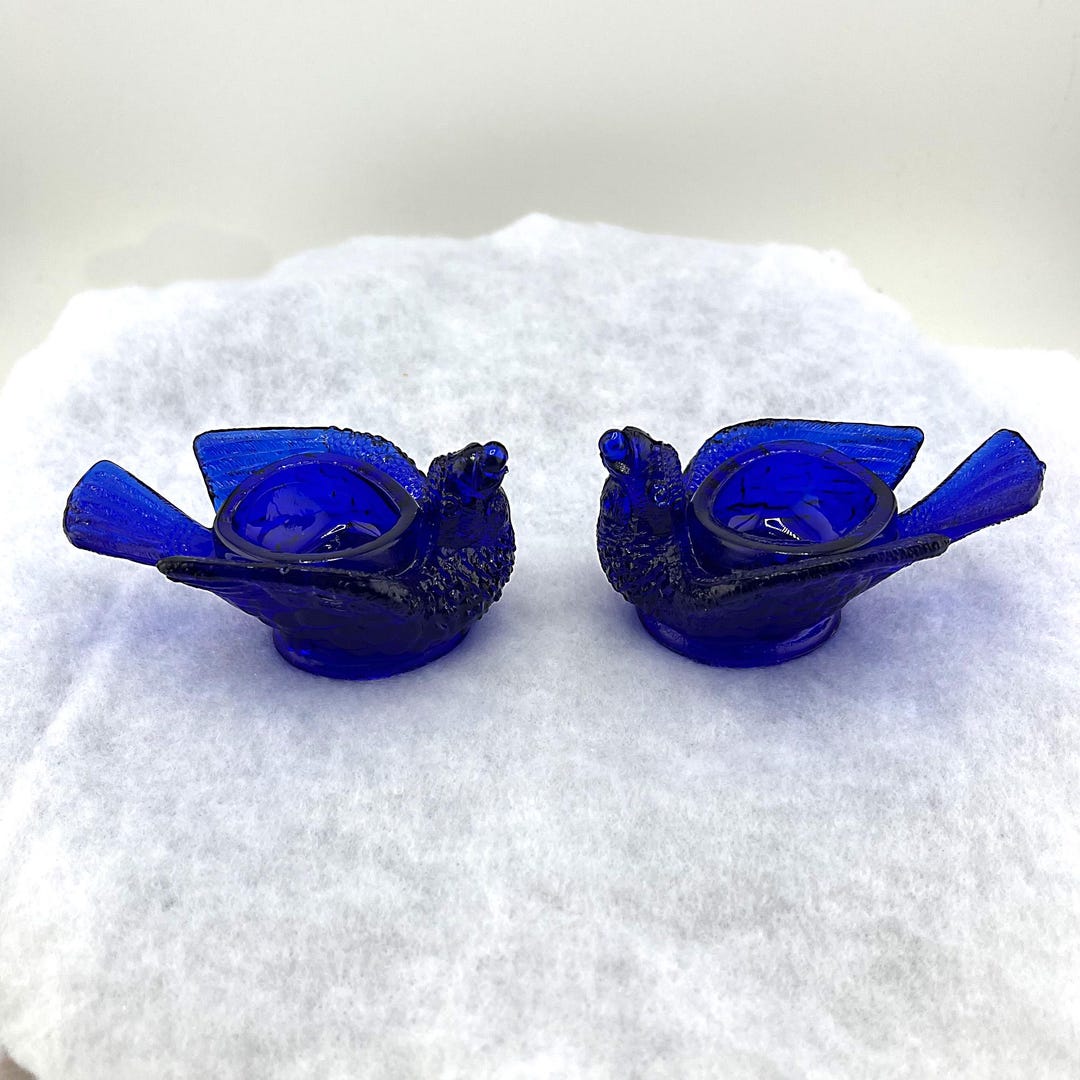 Set of 2 Vintage Cobalt Blue Glass Bird With Berry Figural Open Salt ...
