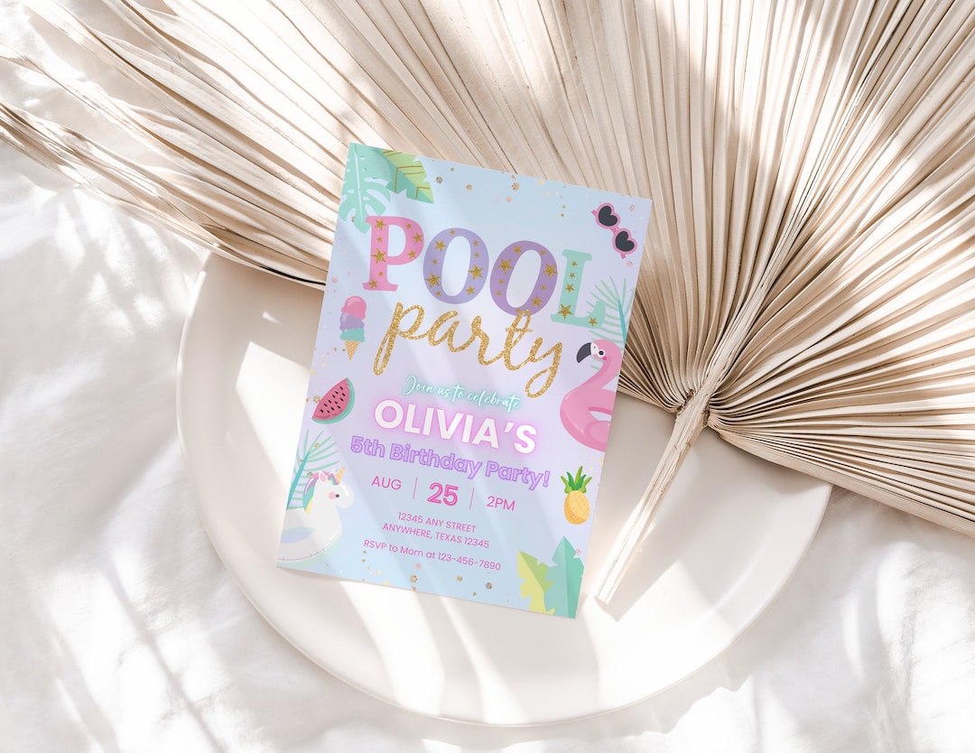 Editable Pool Party Invitation Template Any Age Girl Unicorn Pool Party ...