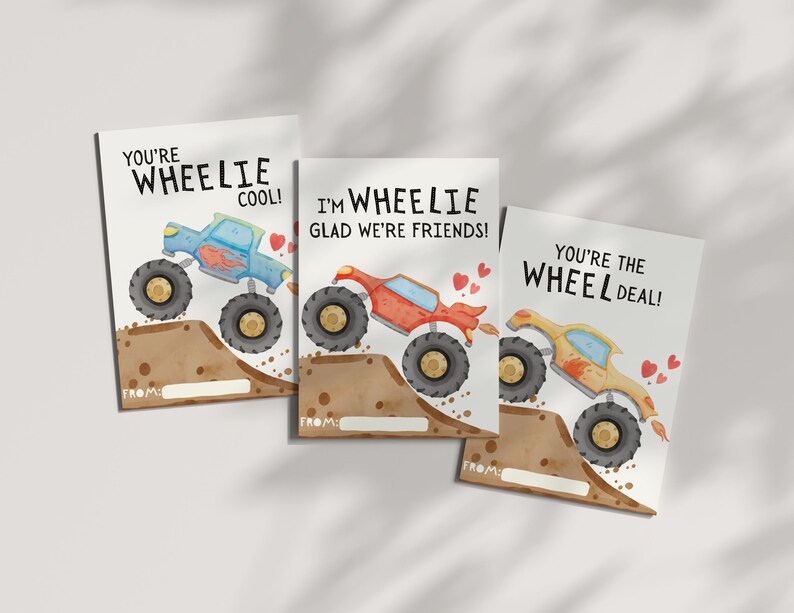Monster Truck Valentine Cards, Printable Kids School Valentines, Boys ...