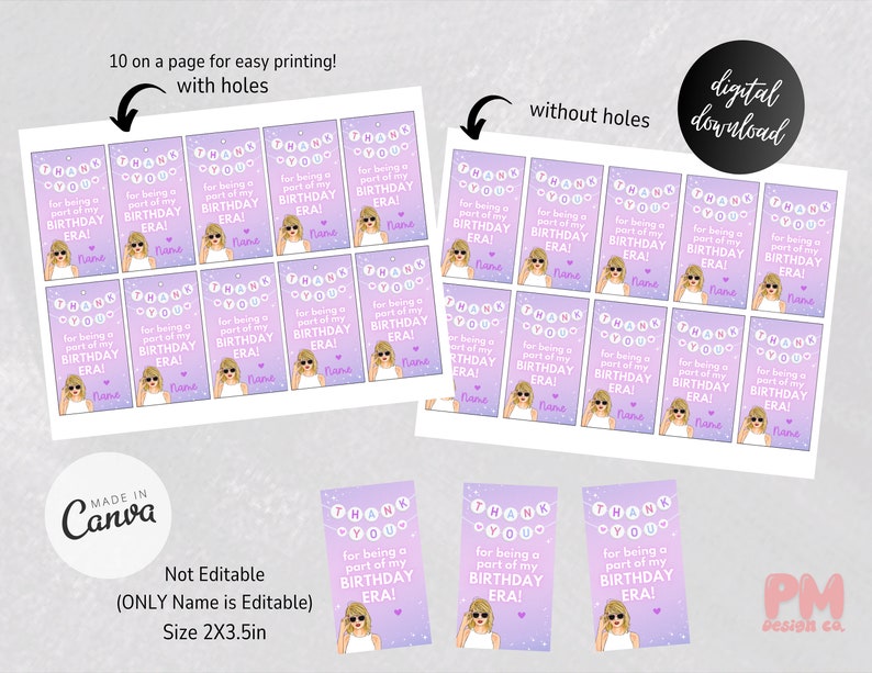 Printable Eras Thank You Tags 2x3.5in in My Birthday Era Trendy Taylor ...