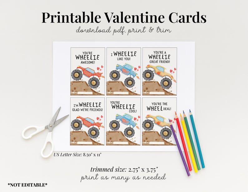 Monster Truck Valentine Cards, Printable Kids School Valentines, Boys ...