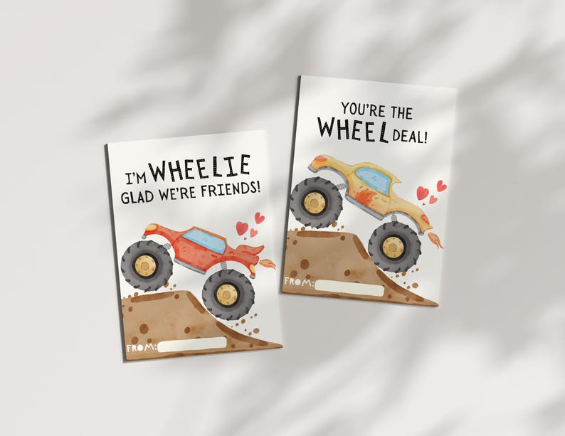 Monster Truck Valentine Cards, Printable Kids School Valentines, Boys ...