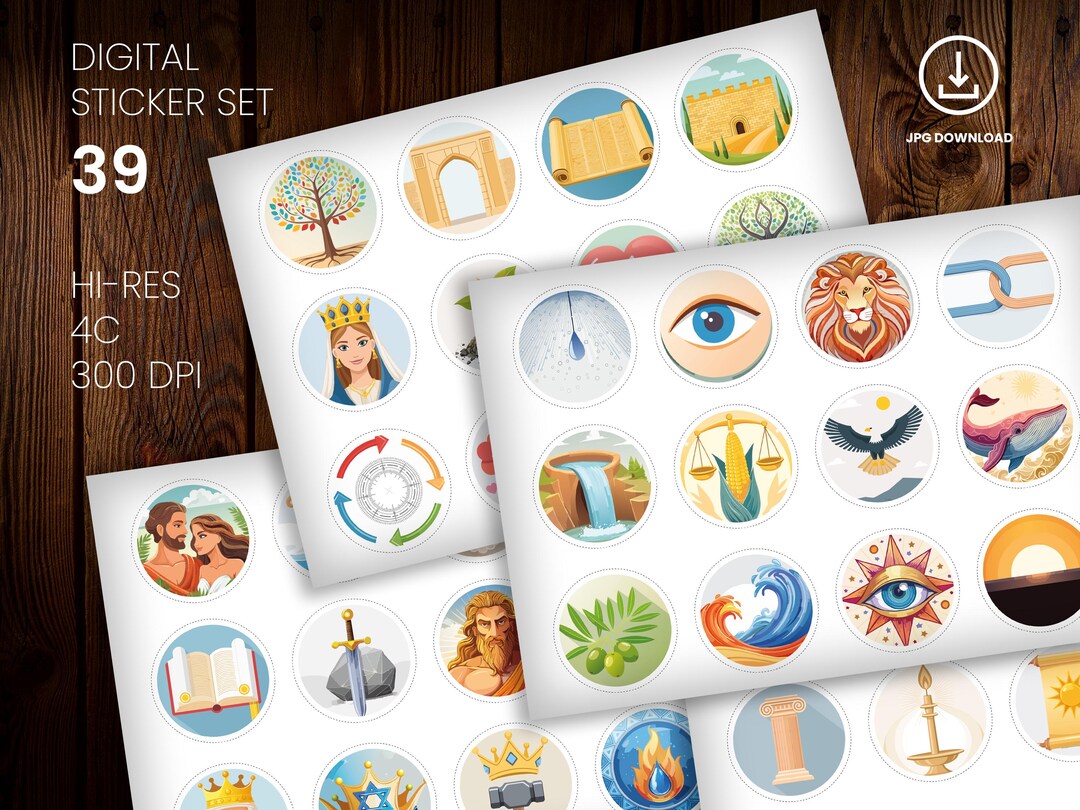 Biblical Symbol Sticker Set – Old Testament Icons – 39 Round Christian ...