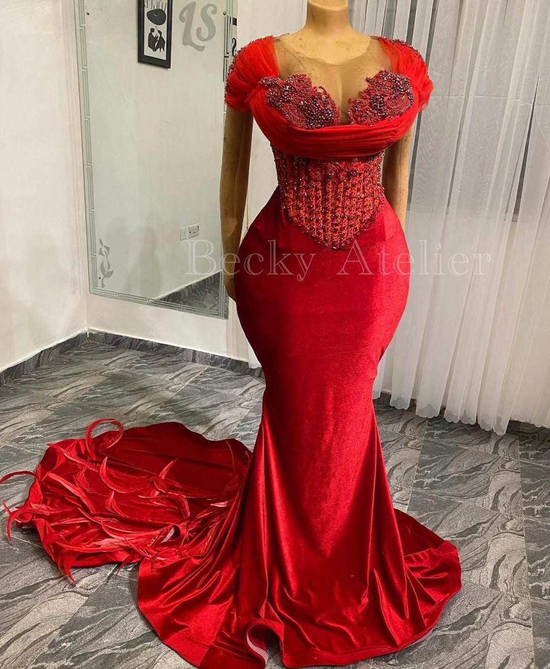 Red Mermaid Dress Gown Dinner Party Gown Crystal Lace Prom Dress ...
