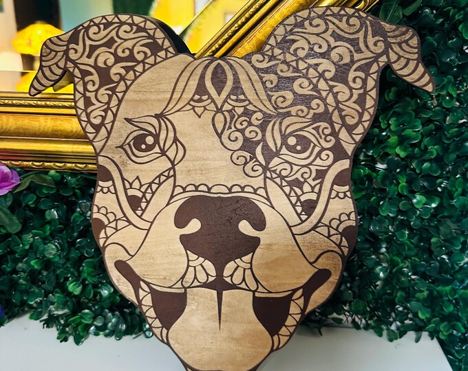 Laser Engraved Pitbull Wooden Home Decor, Pitbull Smiling Engraved ...