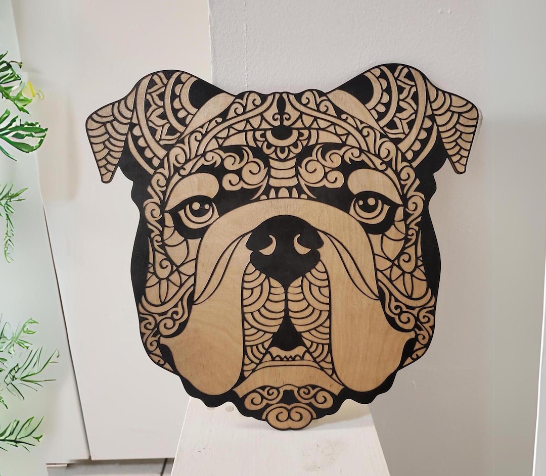 Laser Engraved English Bulldog Head, Wooden Bulldog Engraved Zentangle ...