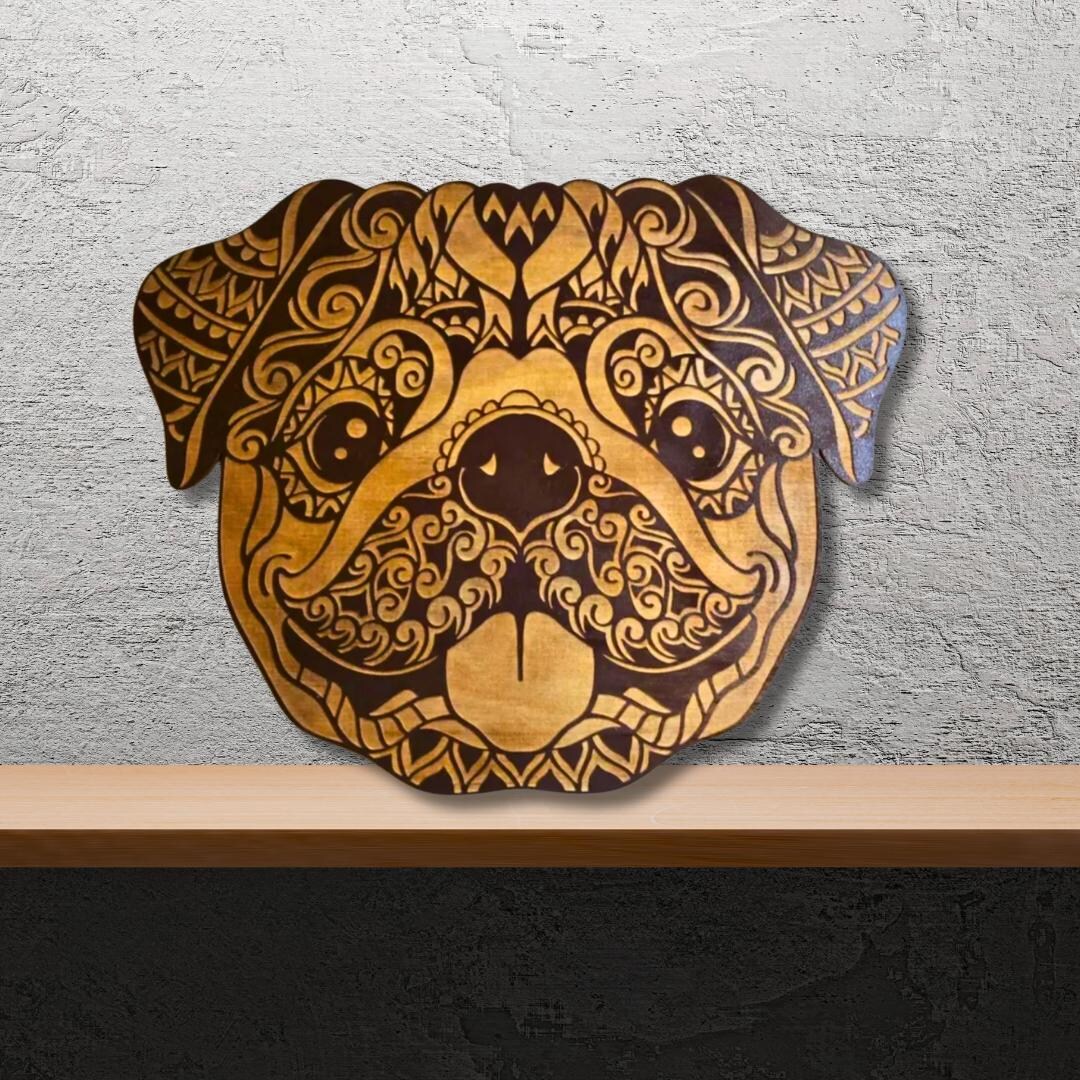 Laser Engraved Pug Head, Wooden Pug Engraved Zentangle, Pug Mandala ...