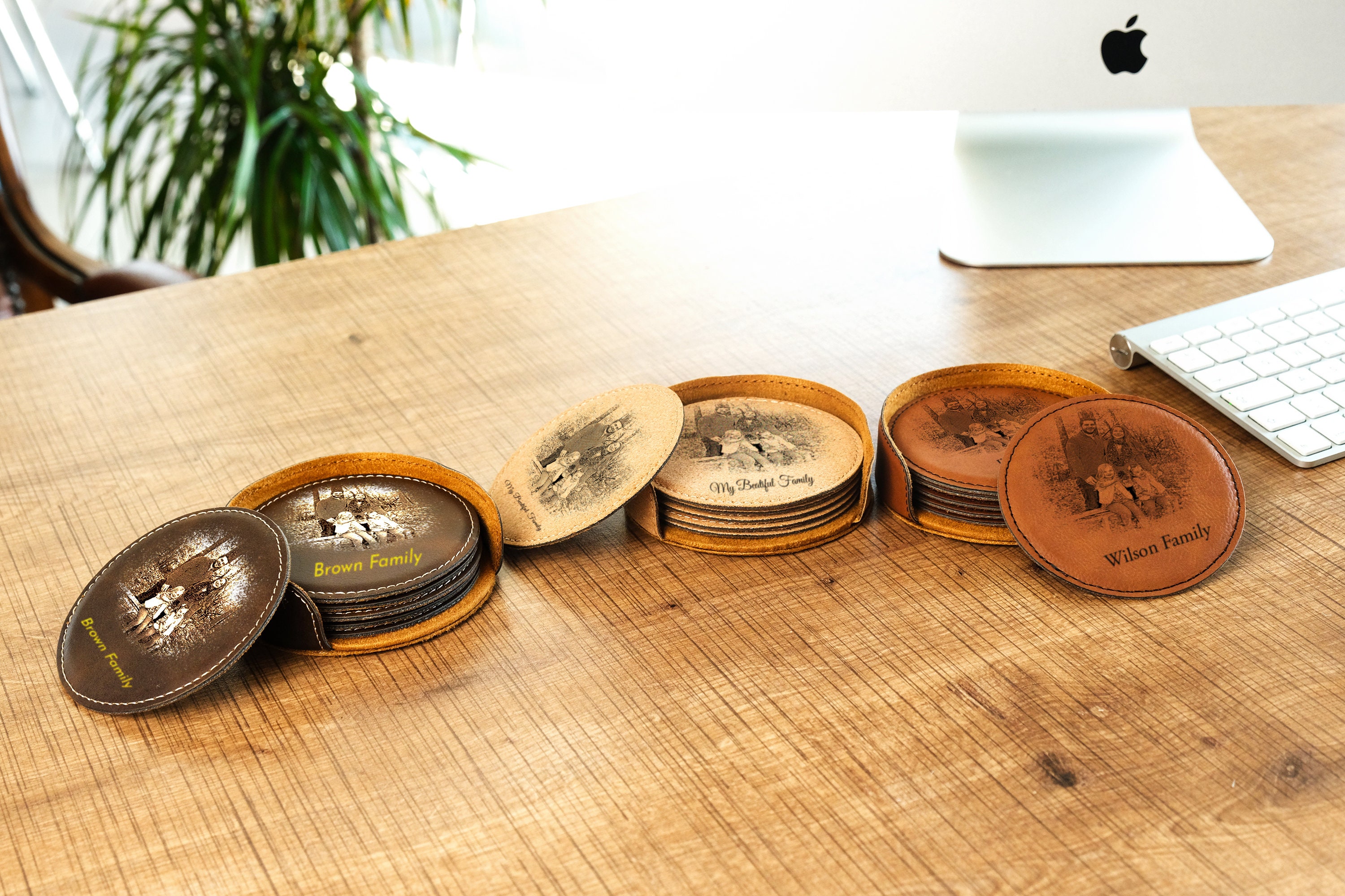 Custom Family Photo Engraved Leather Coaster, Custom Coaster Set, Drink ...