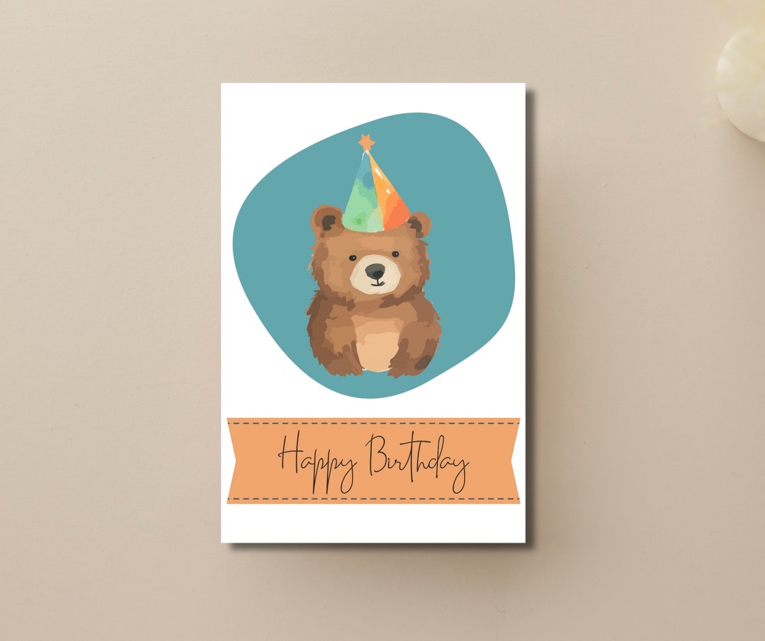 Kids Happy Birthday Bear Card for Boys Personalizable Blank Greeting ...