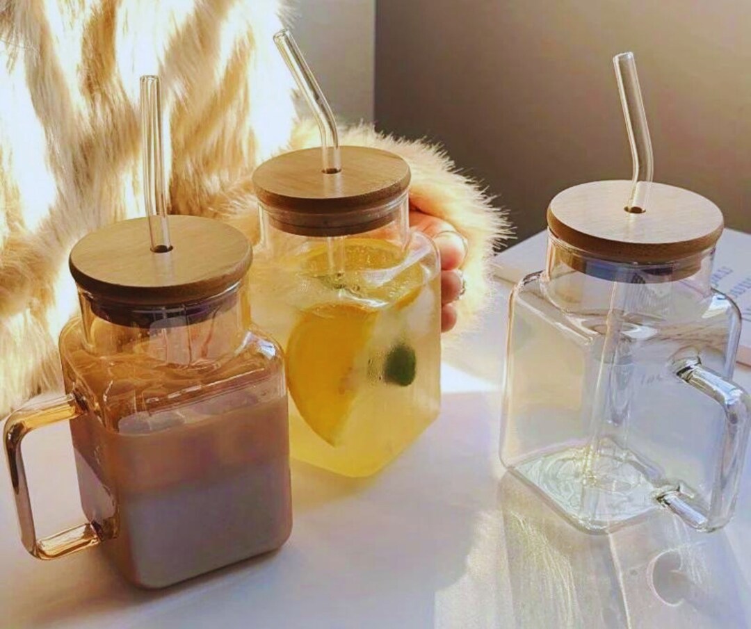 Square Glass Tumbler Cup Coffee Drink Mug With Reuseable Glass Straw ...