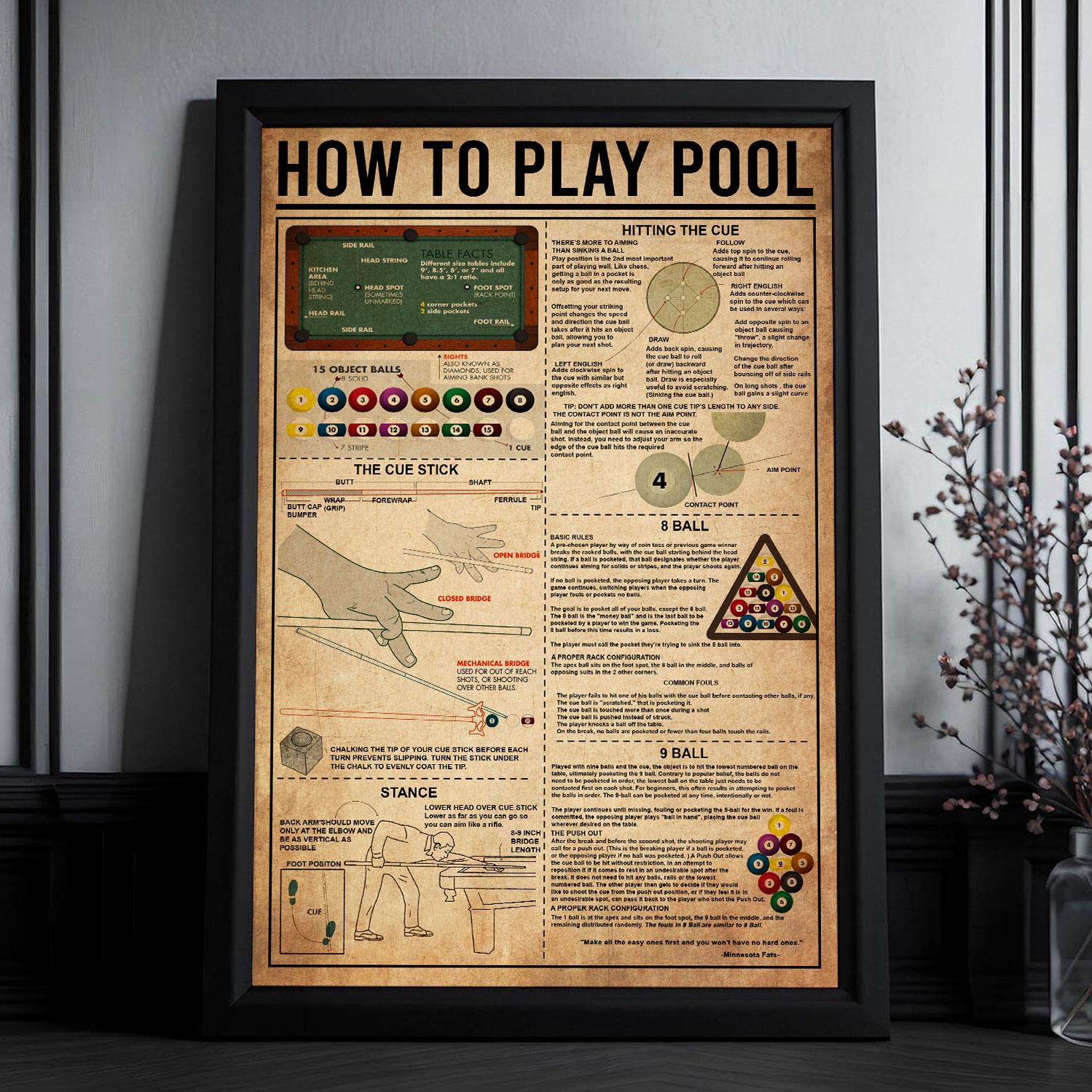 How to Play Pool Poster, Pool 9 Ball Poster, Billiards Lover Gift ...