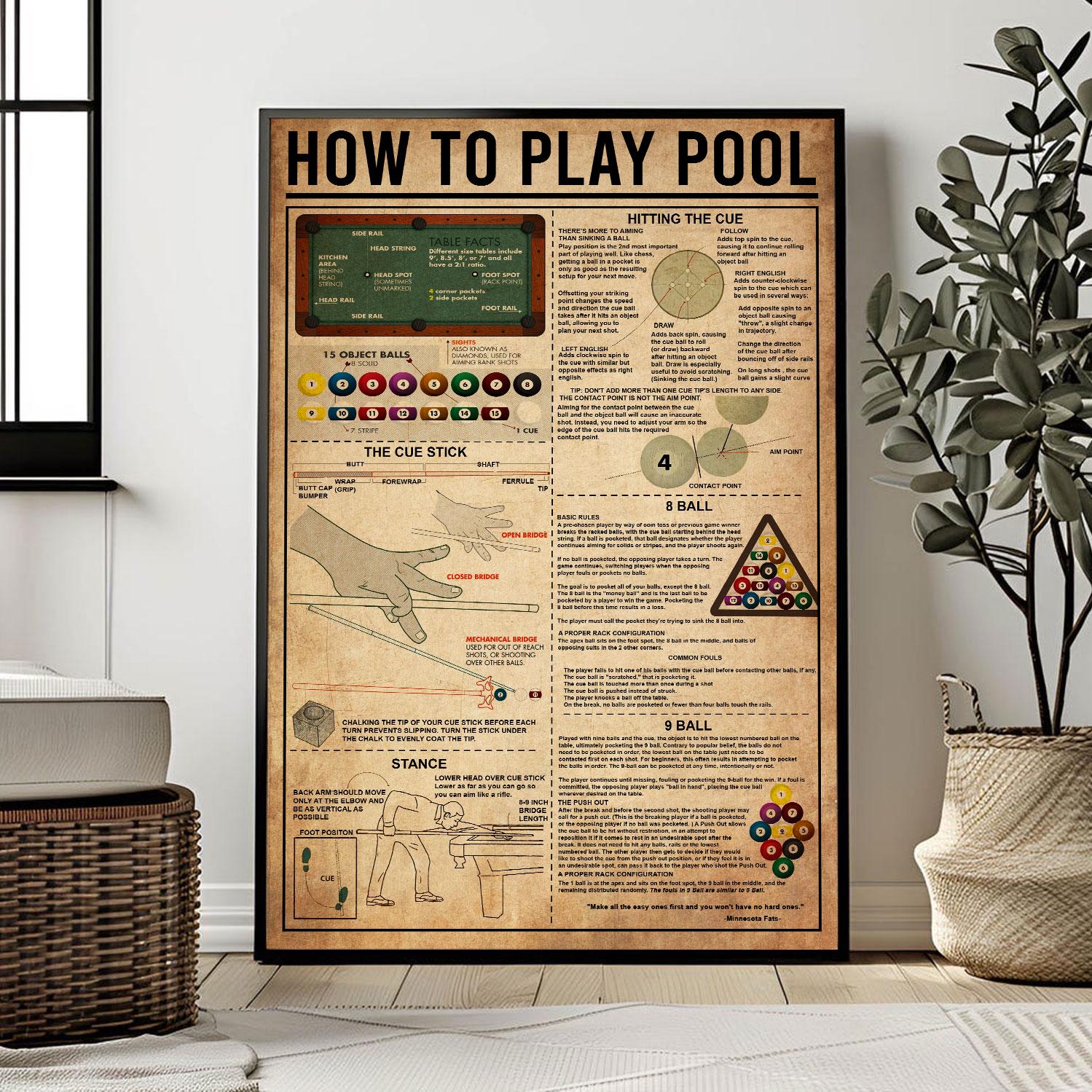 How to Play Pool Poster, Pool 9 Ball Poster, Billiards Lover Gift ...
