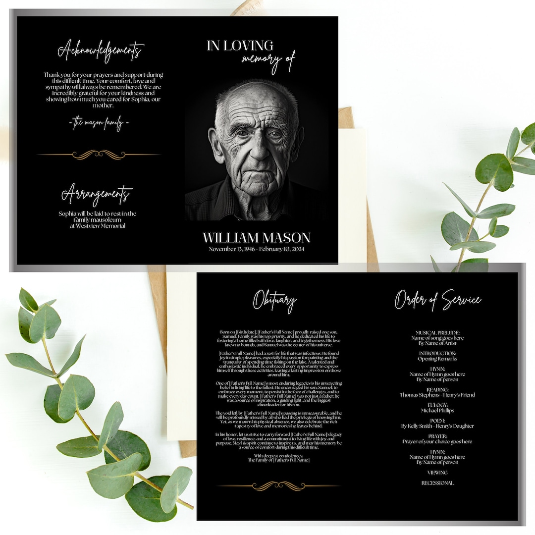 Editable Funeral Program Template, Funeral Memorial, Black and White ...