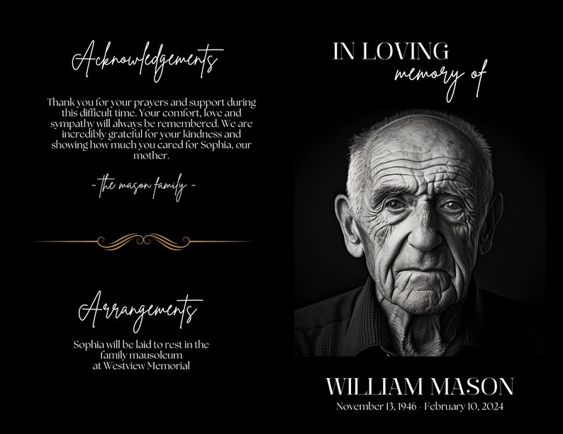 Editable Funeral Program Template, Funeral Memorial, Black and White ...