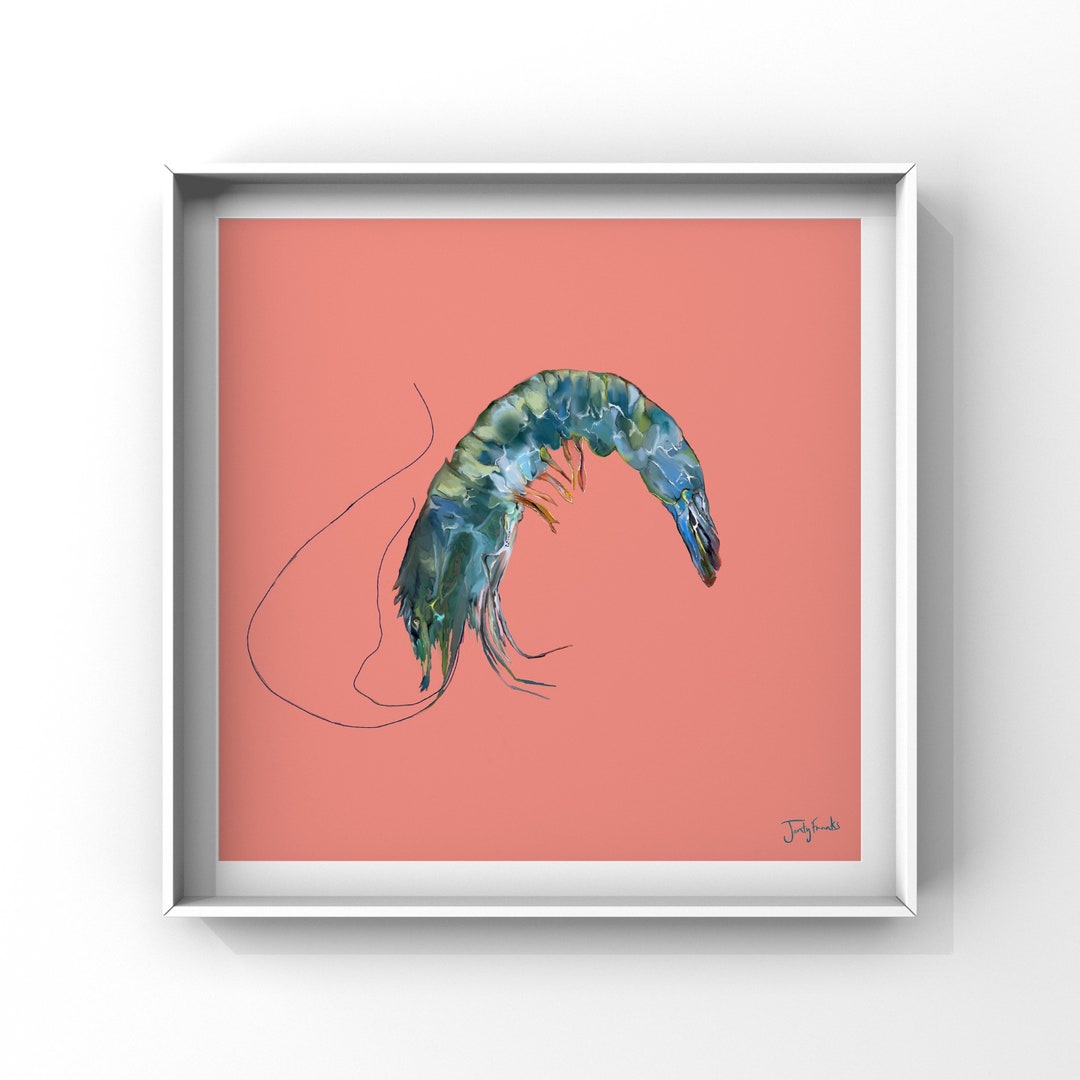 Prawns Print, Hot Peach Pop, Decor, Kitchen Art, Coastal & Food Art ...