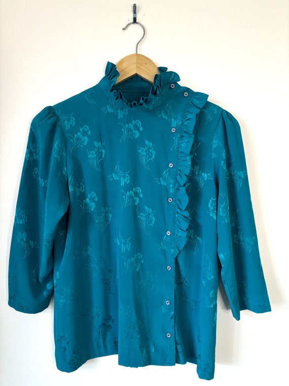 Vintage ruffle teal blouse approx size 8 - Gem