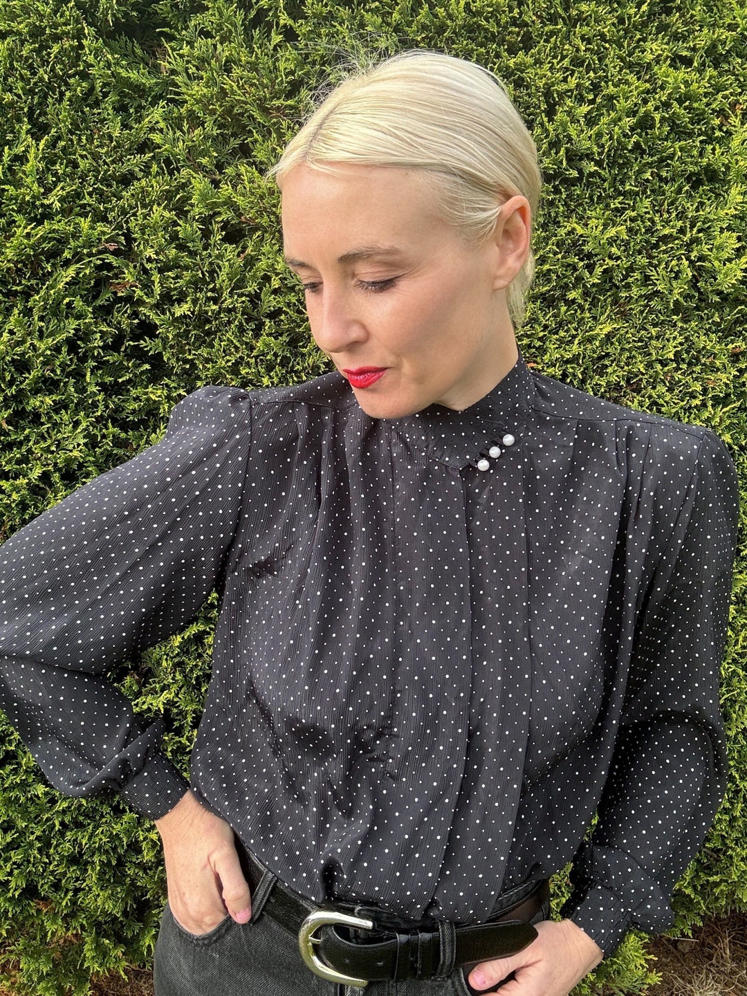 Vintage Iconic 80s Katies Polka Dot Shirt/blouse With Pearl Button Neck ...