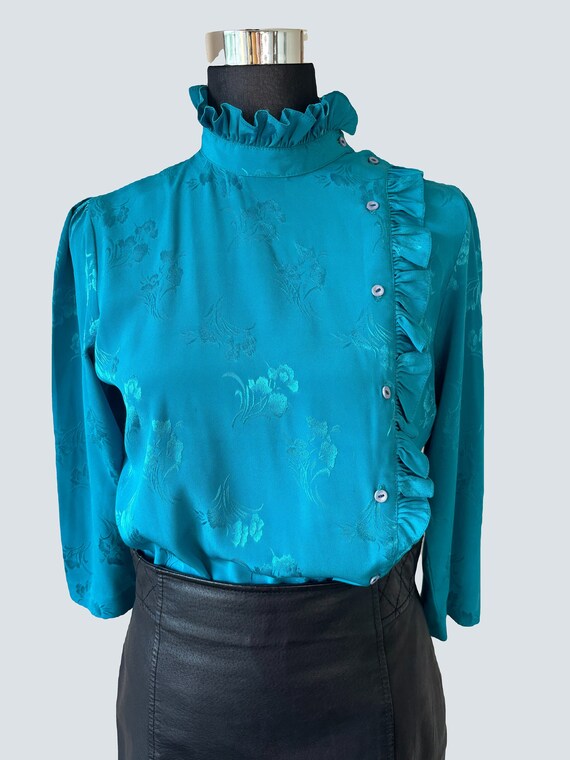 Vintage ruffle teal blouse approx size 8 - Gem