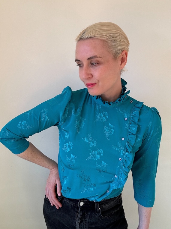 Vintage ruffle teal blouse approx size 8 - Gem